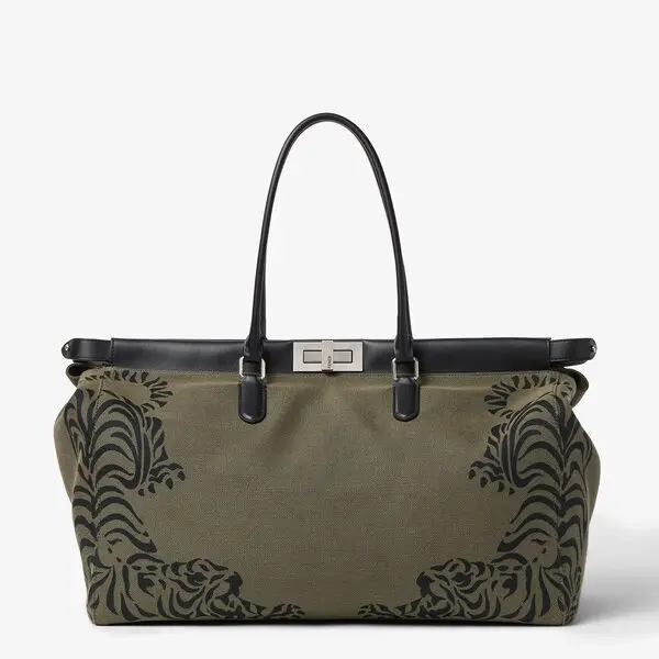 Fendi Peekaboo Tote Large Khaki Green Canvas Bag With Tiger Print - [green]